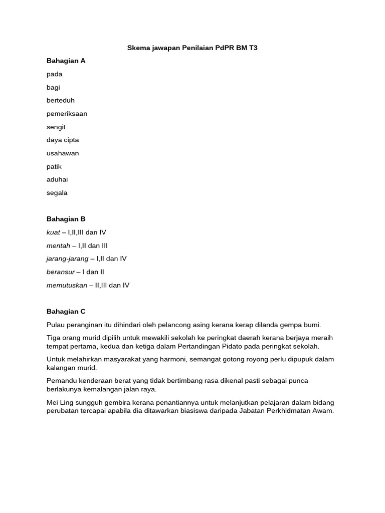 Skema Jawapan Penilaian PDPR BM T3 | PDF