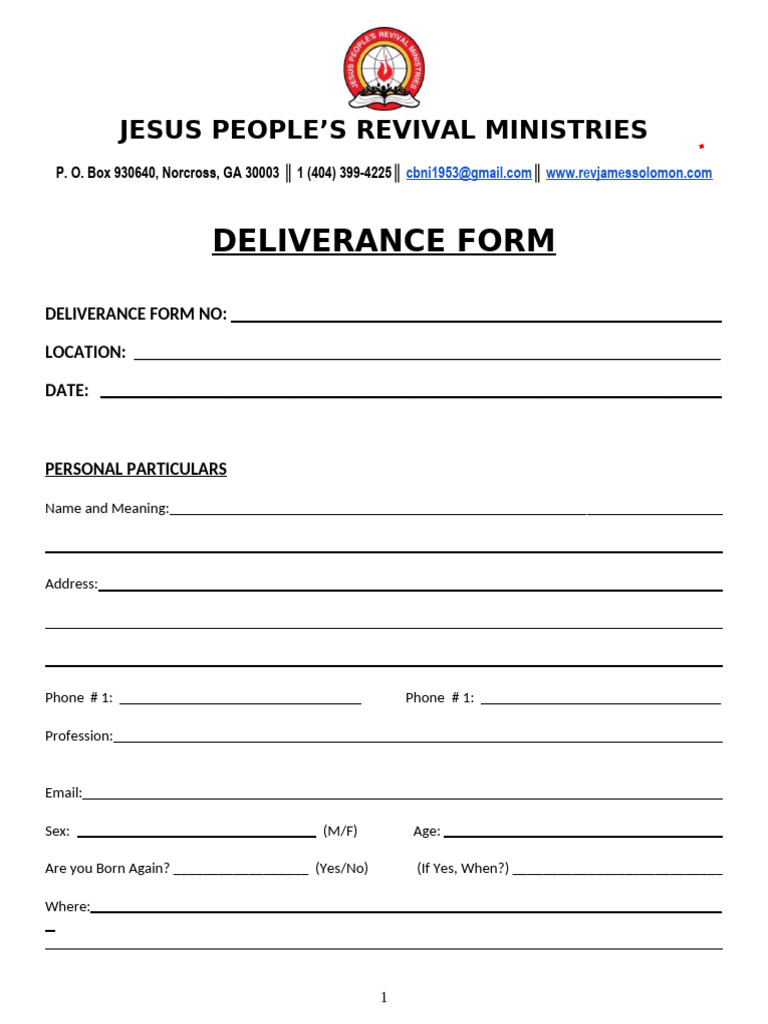 Deliverance Form Edited 02082022 1 | PDF | Indemnity | Prayer