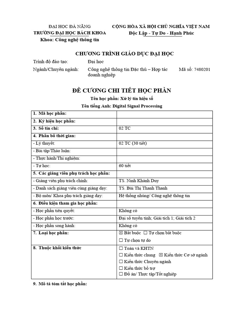 DeCuong_XuLyTinHieuSo_Khoa CNTT | PDF