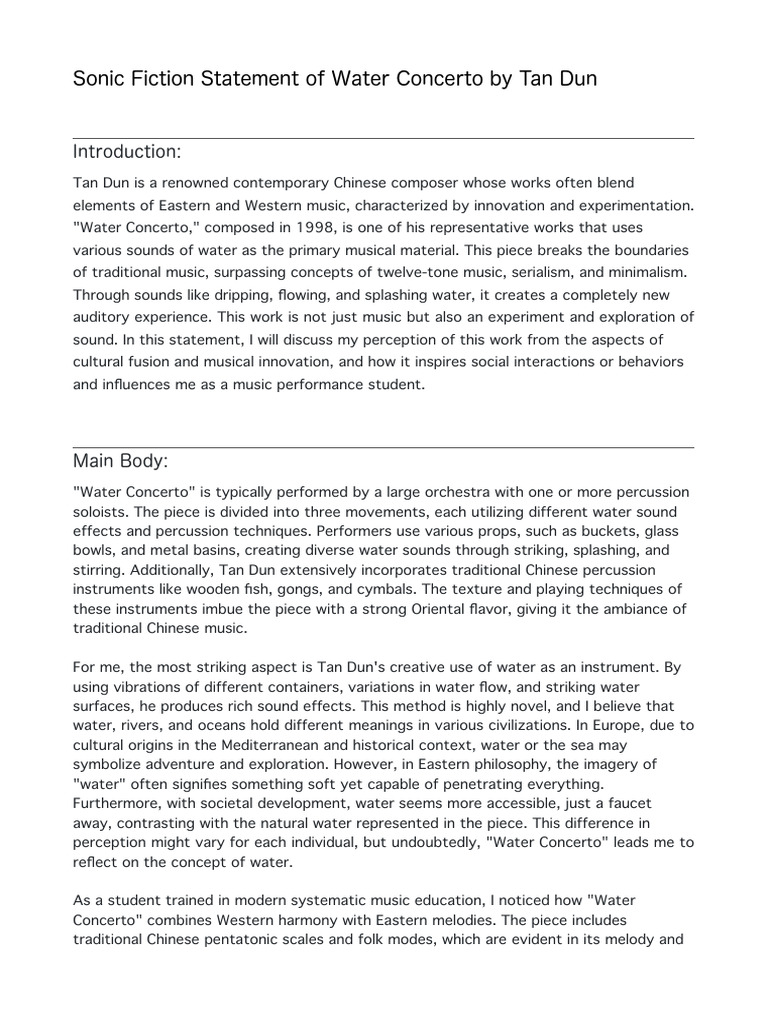 Sonic Fiction Statement of Water Concerto by Tan Dun | PDF | Sound ...