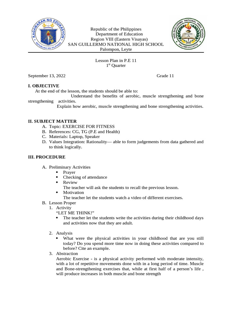 LESSON PLAN - grade 11 | PDF | Aerobic Exercise | Physical Fitness