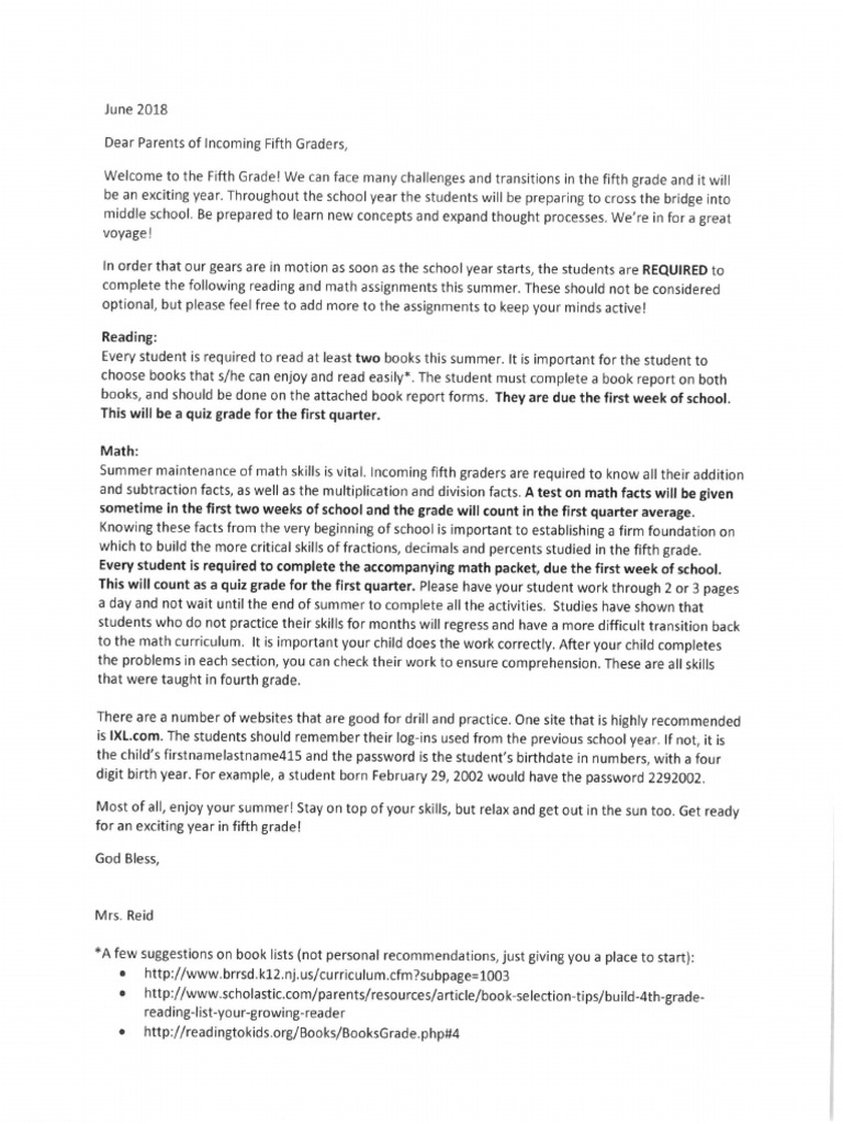 Incoming Fifth Graders | PDF