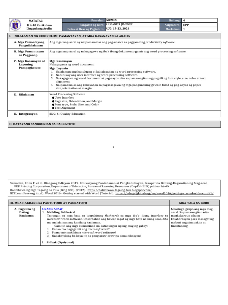 DLL Matatag - Epp 4 Q1 W3 | PDF