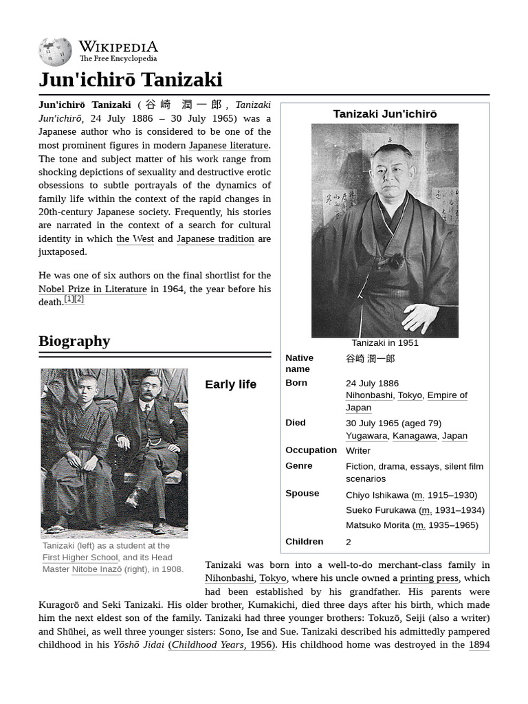Jun'ichirō Tanizaki: Life & Works | PDF