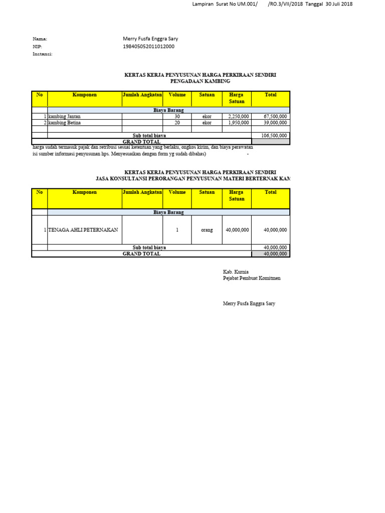 Format HPS Pengadaan Kambing | PDF