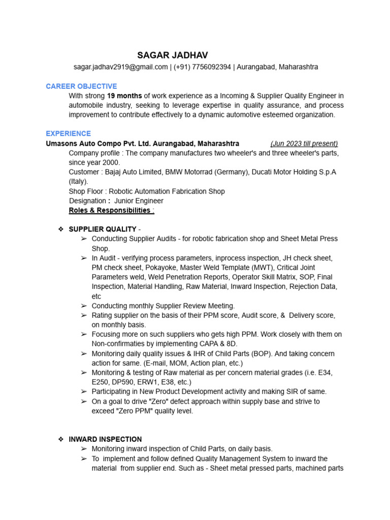 SQE_Sagar_Jadhav_Resume-11 | PDF | Welding | Construction