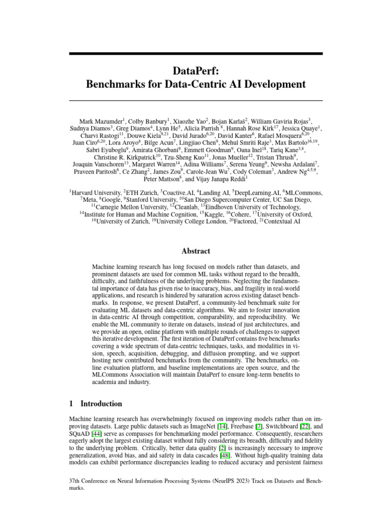 NeurIPS 2023 Dataperf Benchmarks For Data Centric Ai Development Paper Datasets and Benchmarks ...