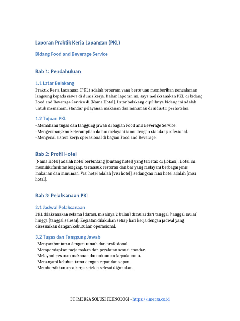 Contoh Laporan PKL Perhotelan Food and Beverage Service | PDF
