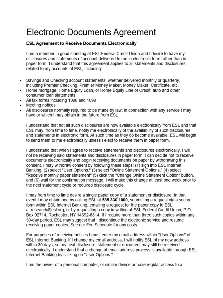 ESL Electronic Documents Agreement | PDF | Credit | Finance & Money ...