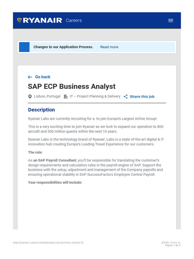 SAP ECP Business Analyst Role at Ryanair | PDF | Business Process | Payroll