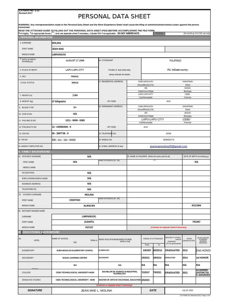 JEAN MAE MOLINA PDS 2024 FINAL | PDF | Government