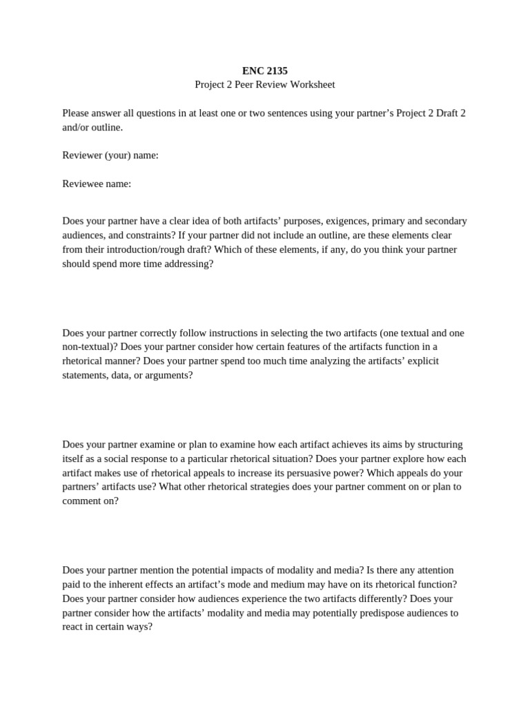 Project 2 Peer Review Worksheet Guide | PDF