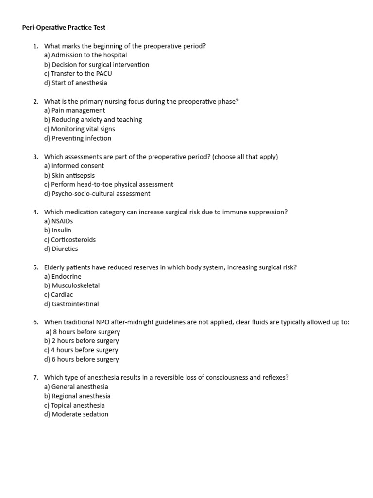 Peri-Op Pratice Test | PDF | Surgery | Anesthesia