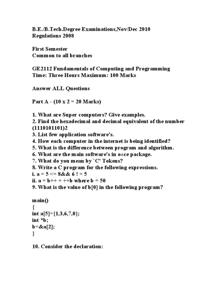 Foc Model Question Paper Sem 1 Pdf C Programming Language