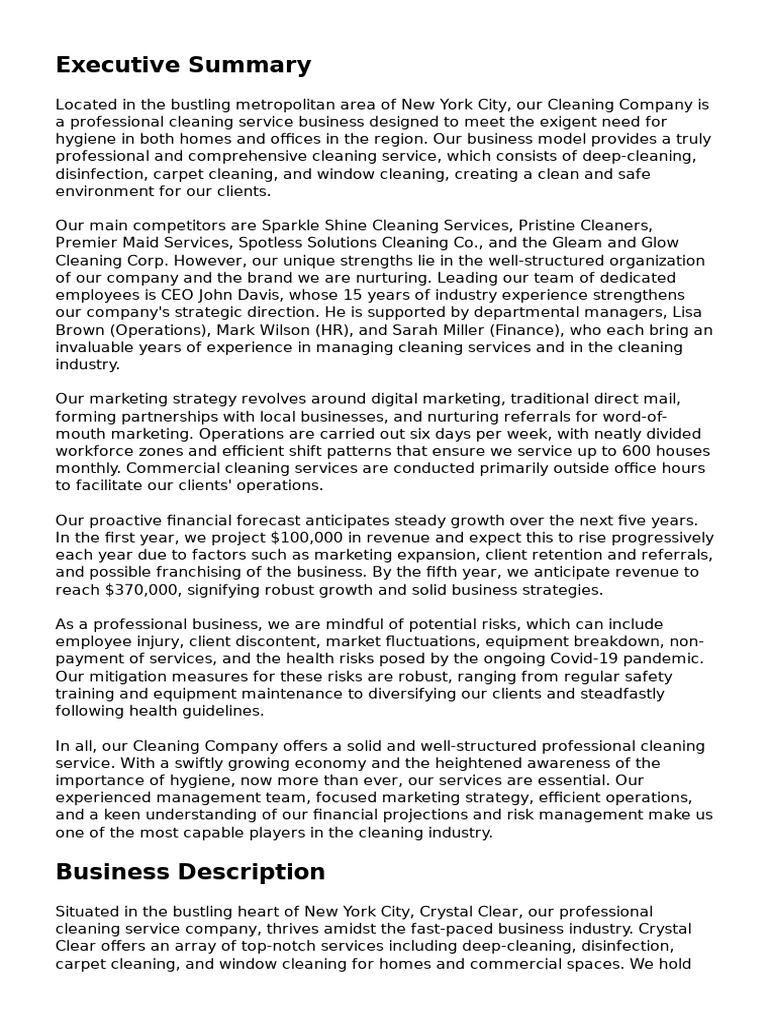 Cleaning Company Business Plan | PDF | Employment | Marketing