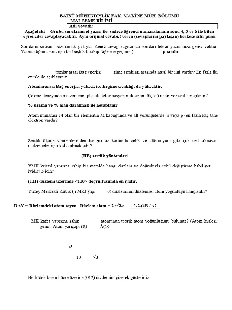 B Grubu Malzeme Bilimi Yaz Vize Ca | PDF