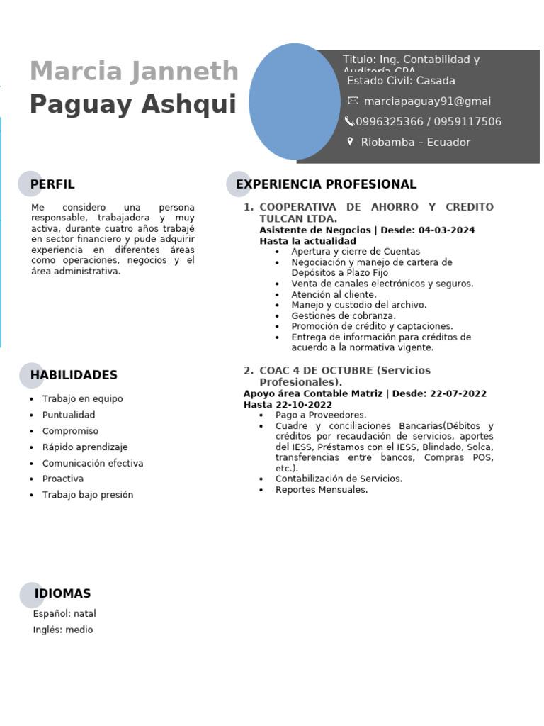 Marcia Paguay - HOJA DE VIDA | PDF | Contabilidad | Bancos