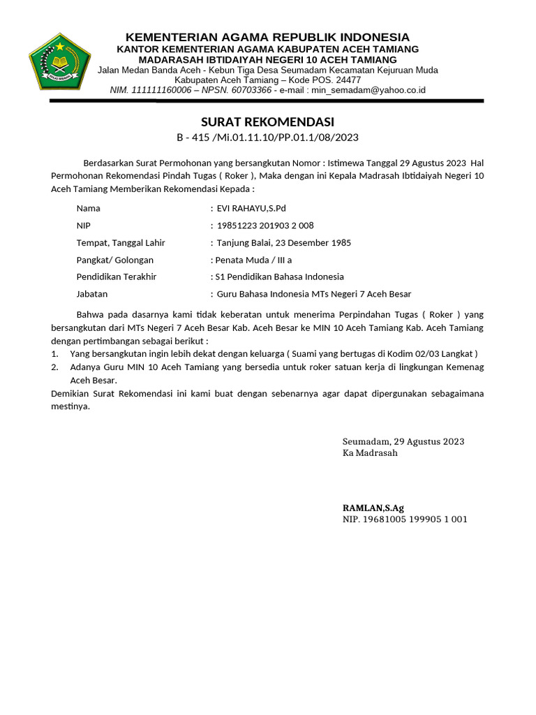SURAT REKOMENDASI PINDAH | PDF