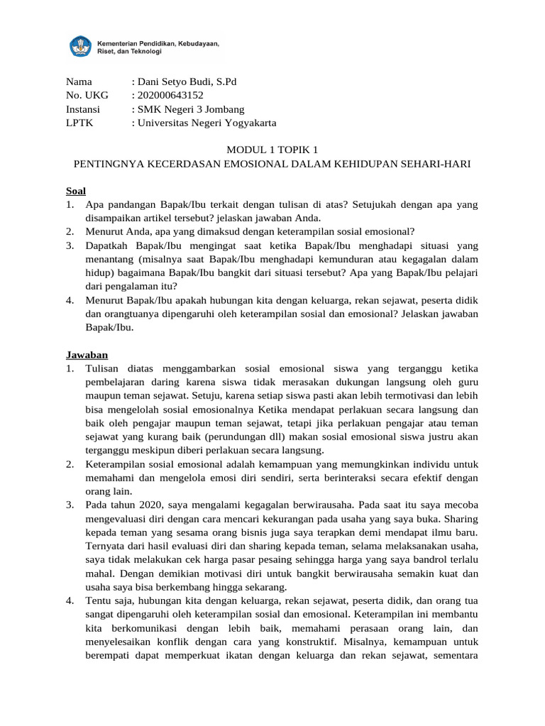 PSE - Topik 1 - Mulai Dari Diri - Bacaan 1 (MENJAWAB SOAL) | PDF