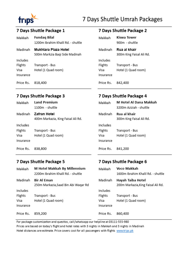 Umrah Packages 7 Days - 2 Adult 2 Child Shuttle Service Pacakge Jan | PDF