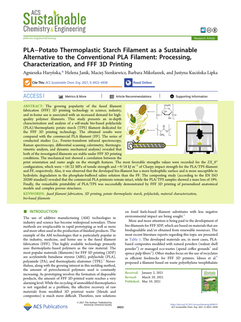 Haryńska Et Al 2021 Pla Potato Thermoplastic Starch Filament As A Sustainable Alternative To The ...