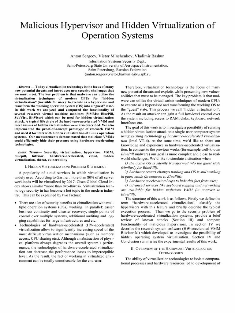 Malicious Hypervisor and Hidden Virtualization of Operating System | PDF | Virtualization ...
