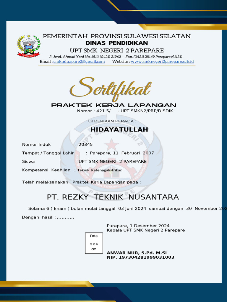 Sertifikat PKL Hidayatullah SMK 2 Parepare | PDF