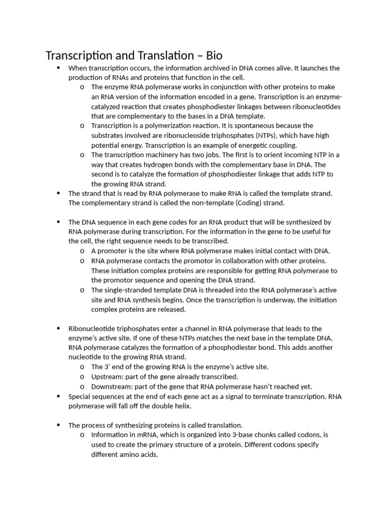Transcription and Translation Overview | PDF | Translation (Biology) | Rna