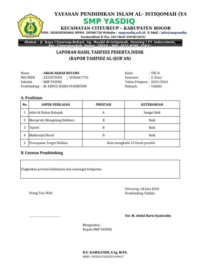 Rapor Tahfidz Kelas 8B 2024 | PDF