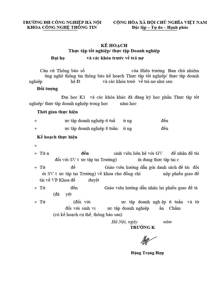 0. Kế hoạch thực tập tốt nghiệp K16 và khóa cũ | PDF