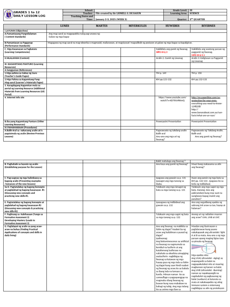 DLL - Science 3 - Q3 - W3 | PDF