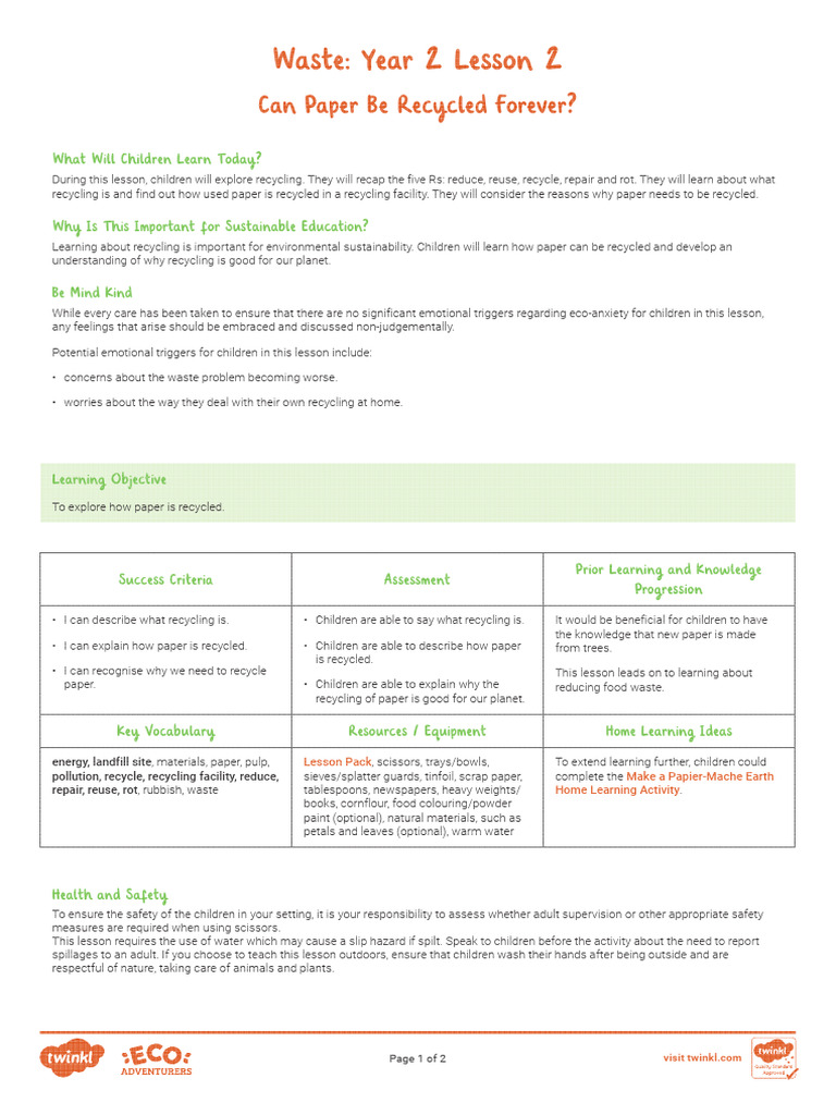 Year 2 Waste Lesson 2 Plan Super Eco | PDF | Recycling | Waste