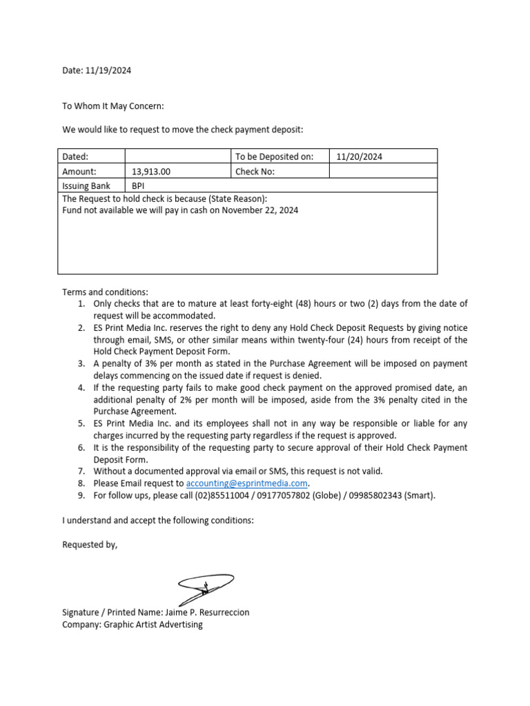 Request Letter For Hold Checks | PDF