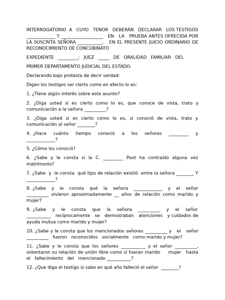 Interrogatorio para Acreditar Concubinato | PDF