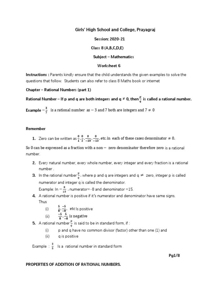 Class-8-Maths-WS-6 Rational Numbers | PDF | Numbers | Integer
