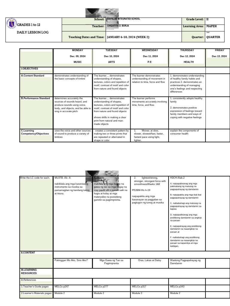 DLL MAPEH 2 Q3 W2 Tagalog | PDF