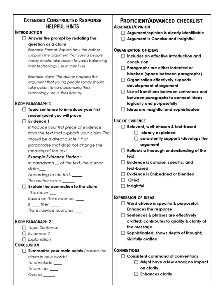 Extended Constructed Response Bookmark Checklist | PDF | Argument ...