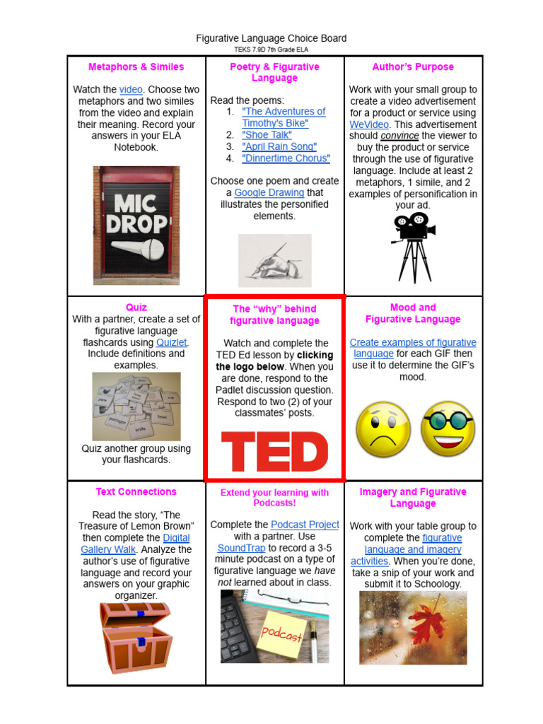 Figurative Language Choice Board Activities | PDF | Human Communication