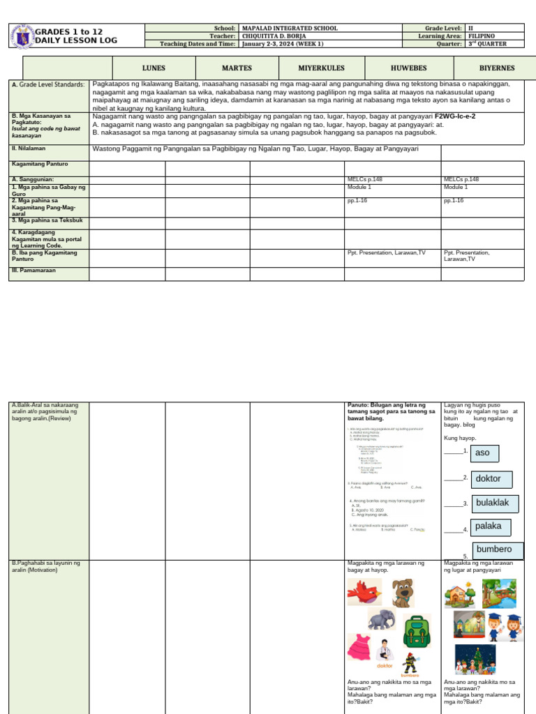 DLL FILIPINO-2 Q3 W1-New1 | PDF