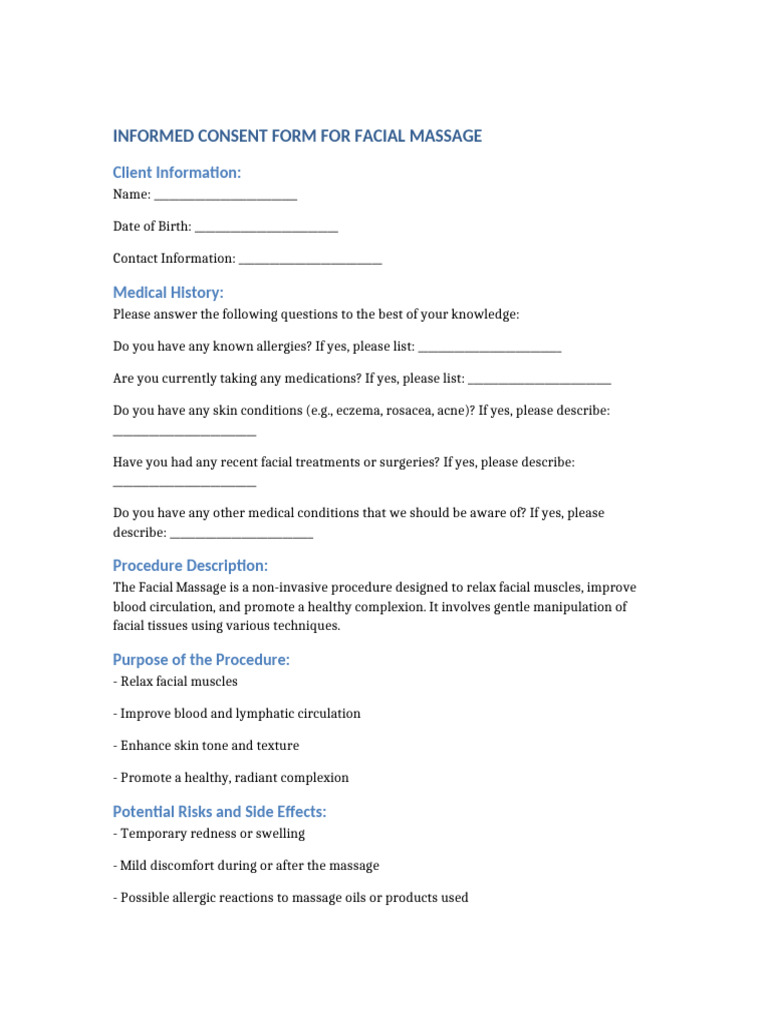 Facial Massage Informed Consent Form | PDF | Massage | Allergy