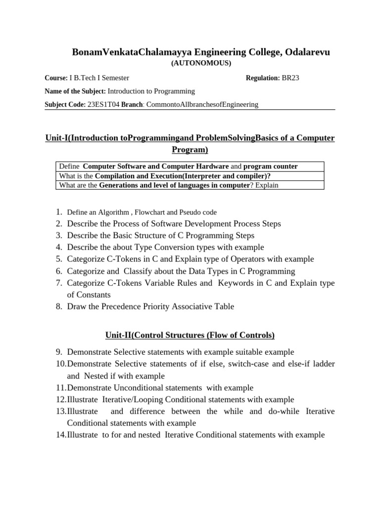 Introduction To Programming Br 23 Unit Wise Questions Pdf Pointer Computer Programming