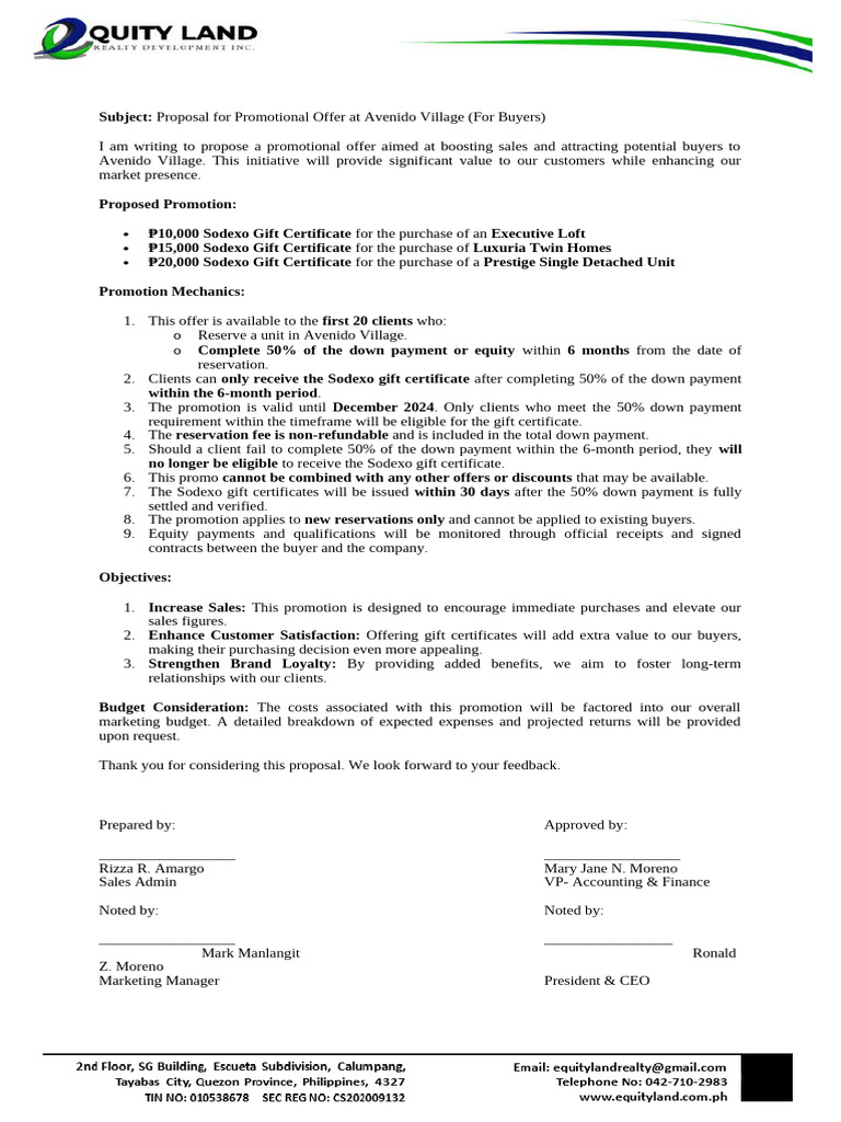 Avenido Village Promotional Offer Proposal | PDF | Gift Card | Economies