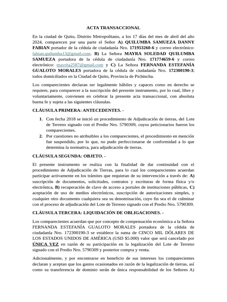 Acta Transaccional | PDF | Documento de identidad | Bancos