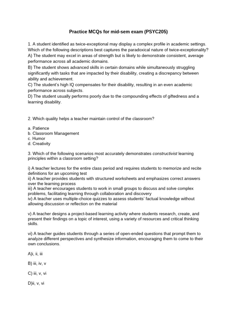 Practice MCQs (PSYC205 - 24-25) | PDF | Identity (Social Science ...