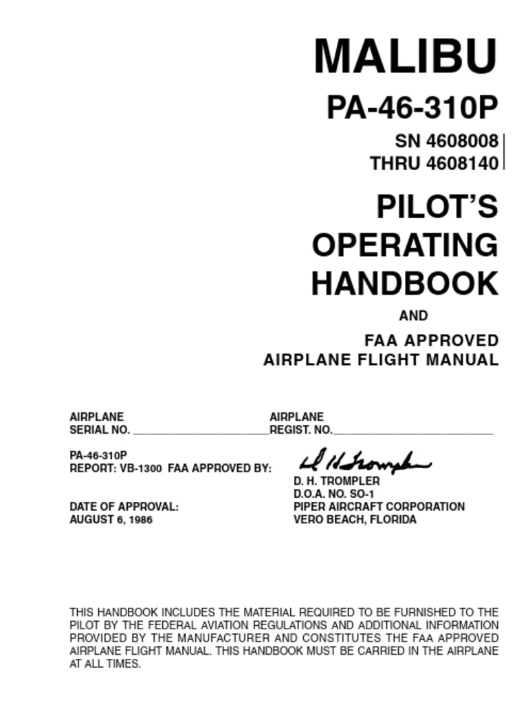 Piper Malibu PA-46-310-Pc | PDF | Airplane | Federal Aviation ...