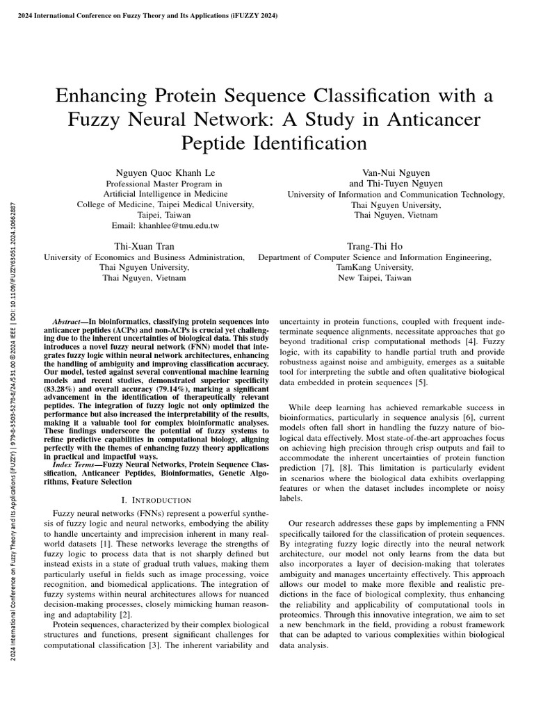 Enhancing Protein Sequence Classification With A Fuzzy Neural Network A Study in Anticancer ...