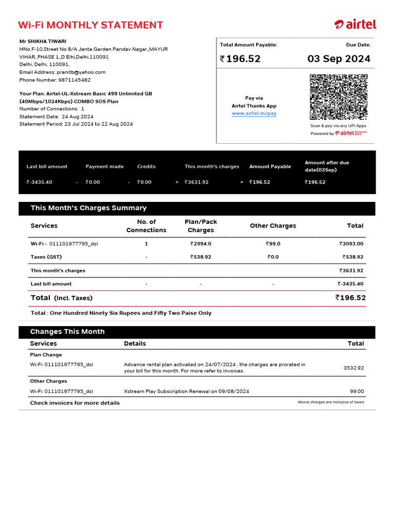 Wi-Fi Monthly Statement: This Month's Charges Summary | PDF | Cheque ...
