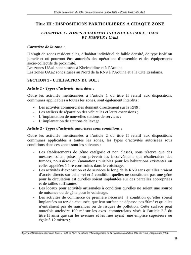 Réglementation Zones UAa1 et UAa2 | PDF | Tunis