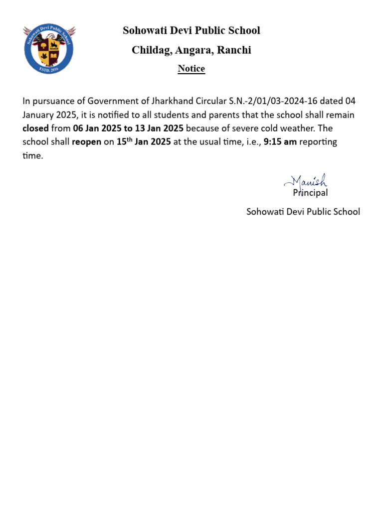 Severe cold weather Holiday Notice 05Jan2025 | PDF