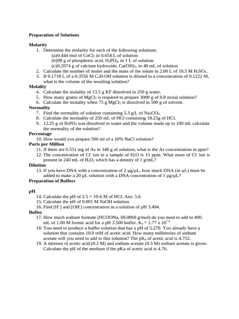 Solutions and Buffers Questions | PDF